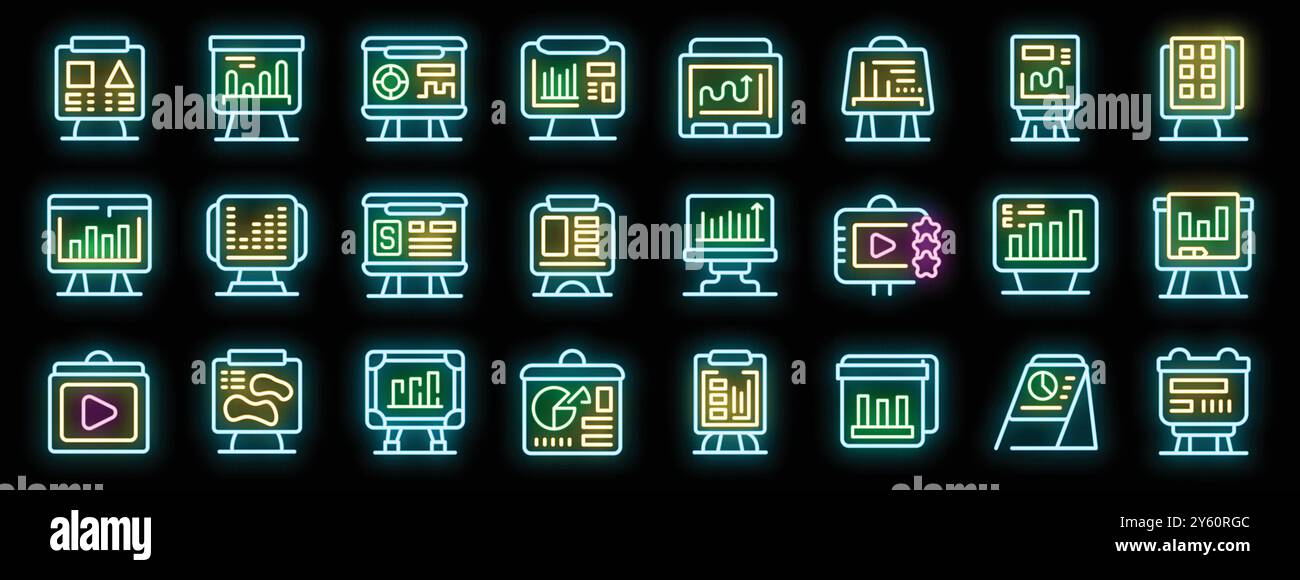 Neon signs of different types of flip charts with graphs and charts for ...
