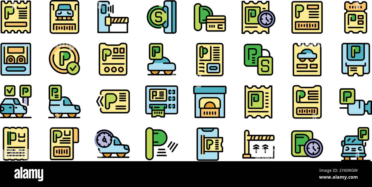 Parking fee icons set, including car, parking sign, parking ticket ...