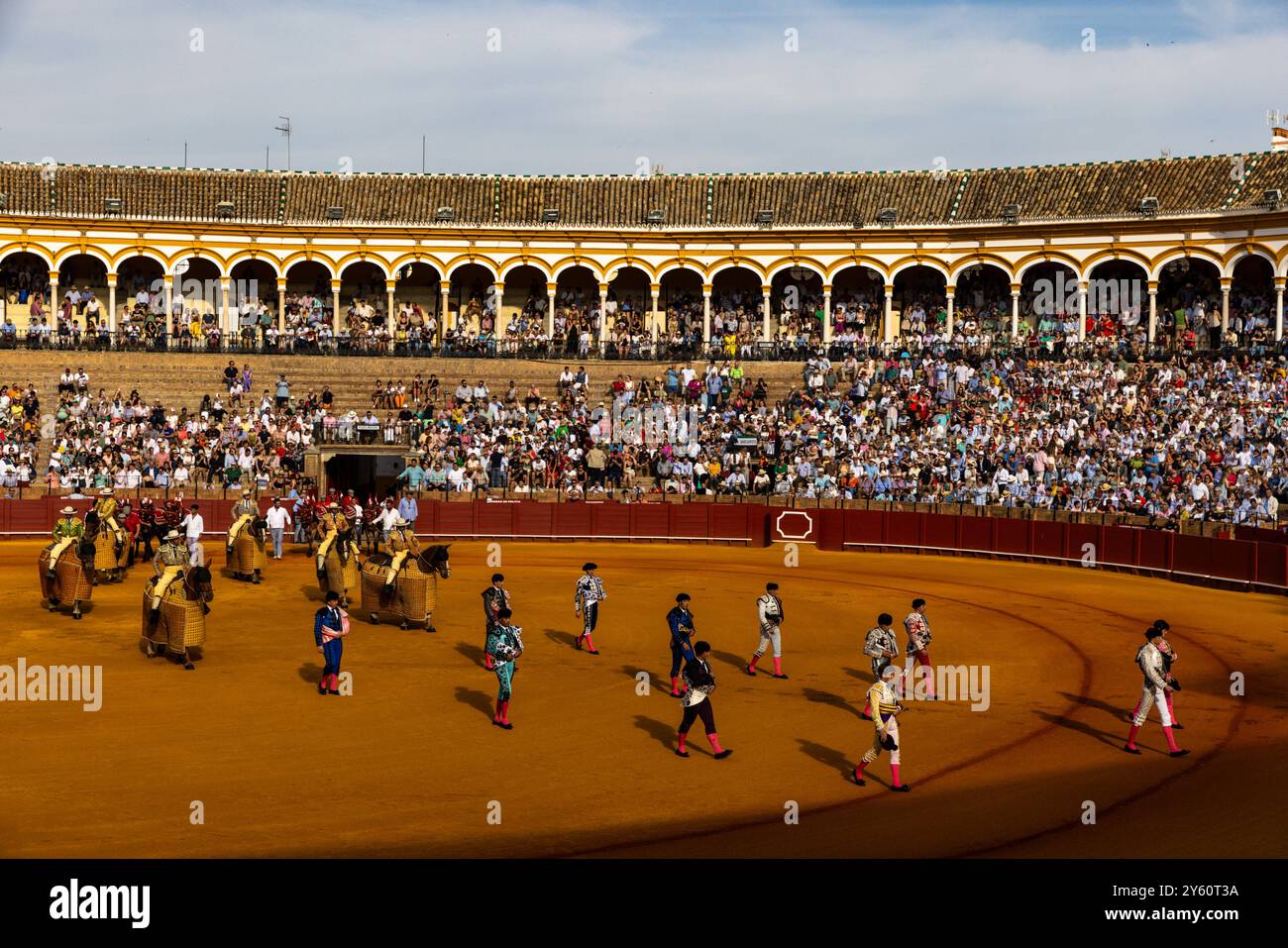 Traditional bullfighting his held at Plaza de Toros in Seville, Spain ...
