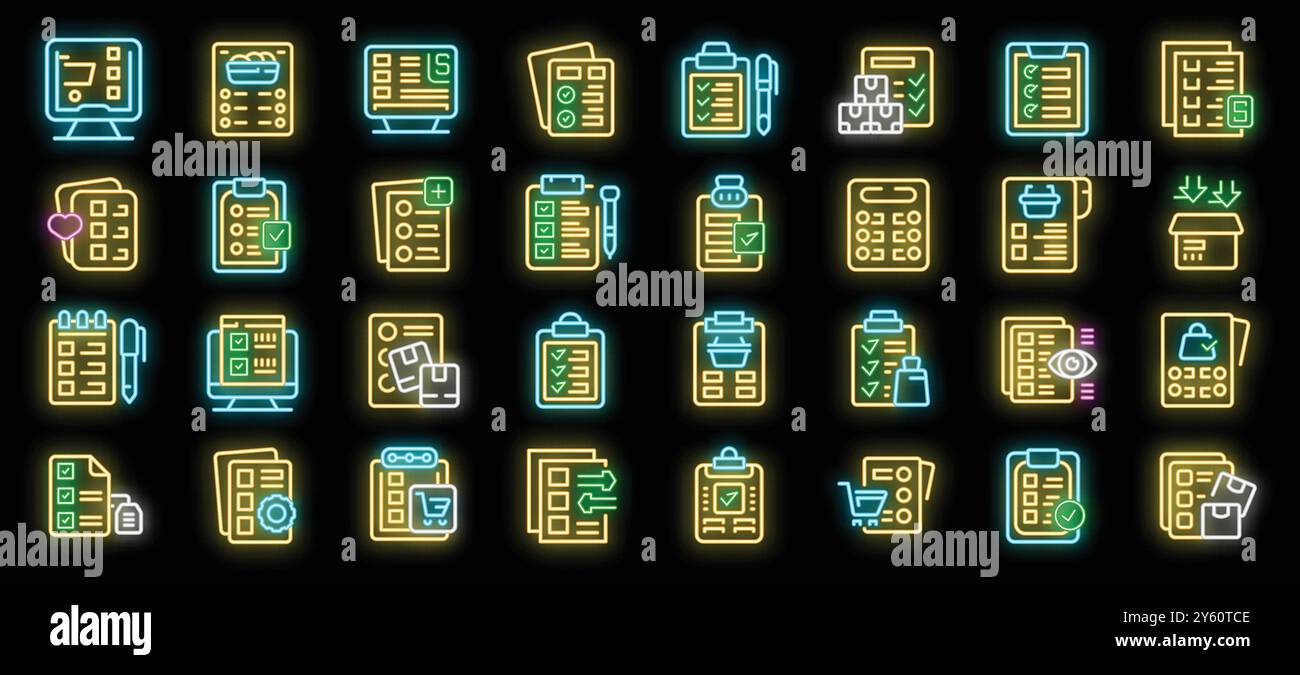 Set of checklist, planning, to do list, wish list neon light icons ...