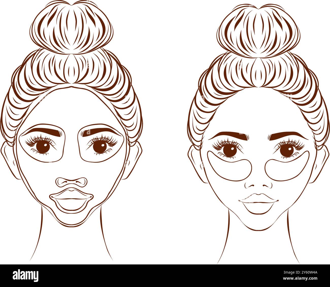 Skincare line icons set. Woman with problem skin applying pimple patch ...