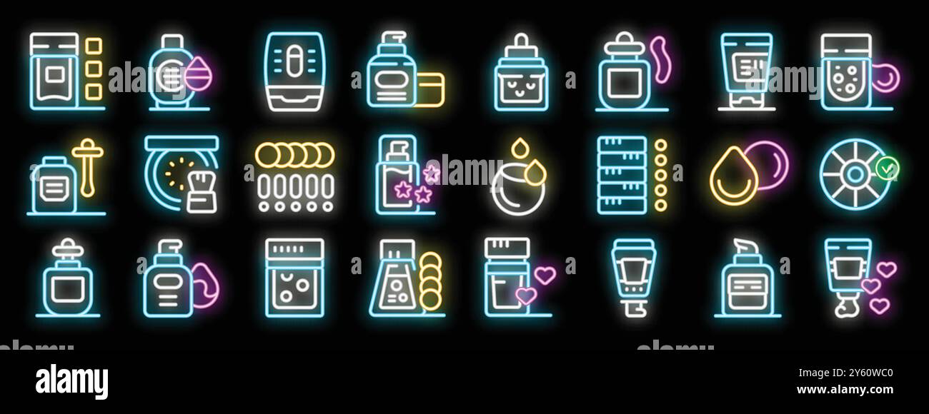Cosmetic production line icons showing cream jars, bottles, tubes ...