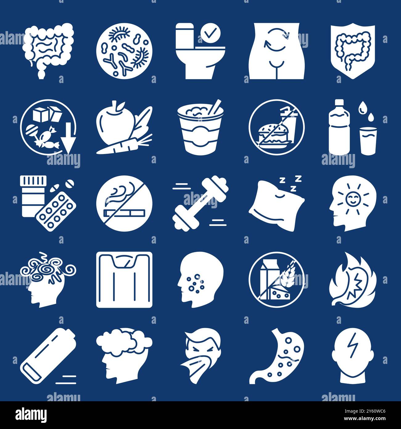 Digestive system health icon set. Healthy intestine and signs of ...