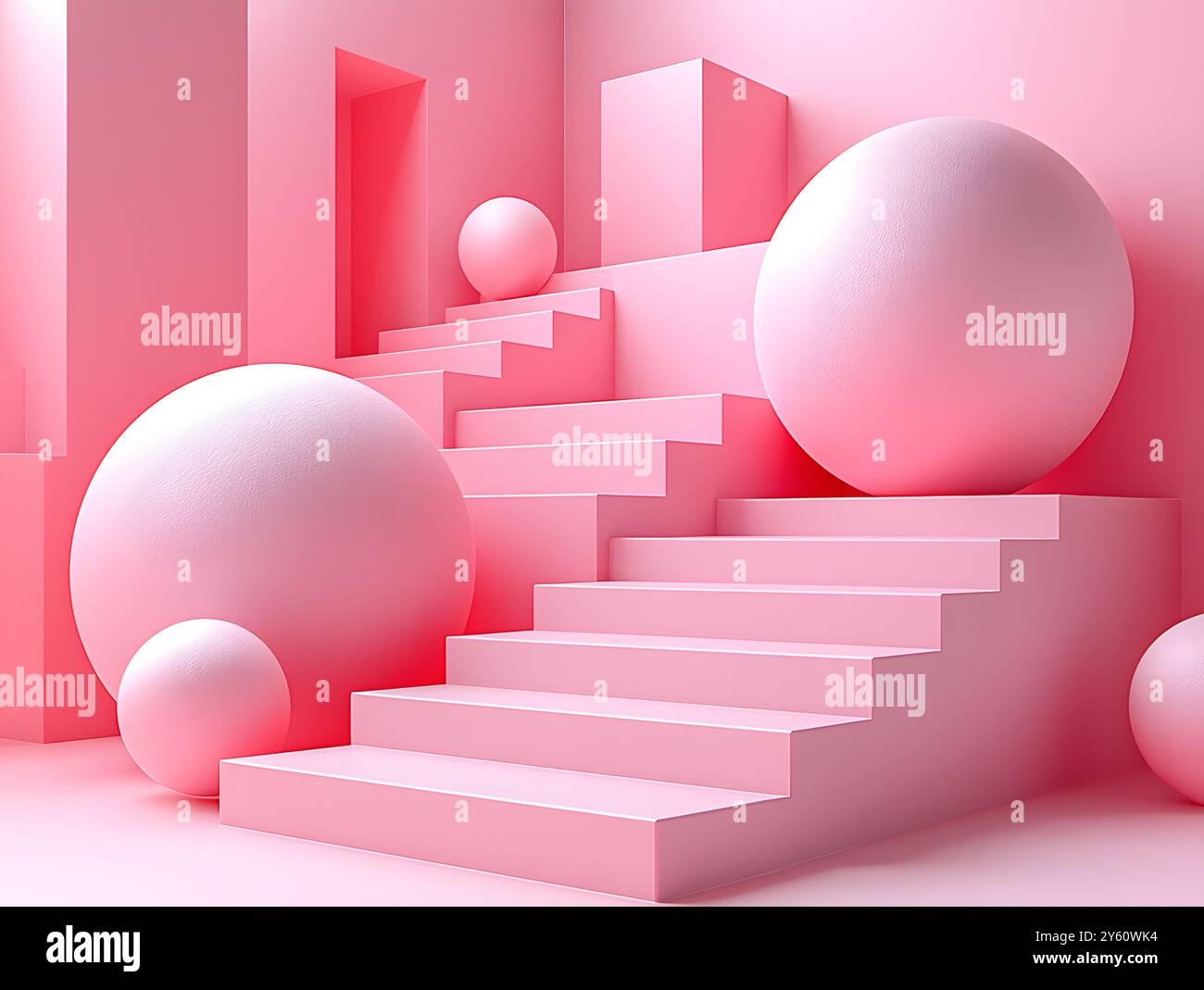 This image features soft gradient geometric shapes in calming pink tones, including spheres and ...
