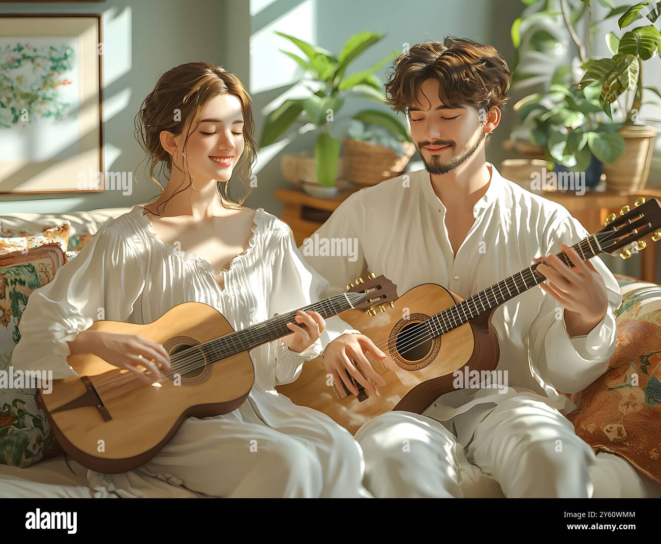 A cozy moment featuring a couple playing acoustic guitars together ...