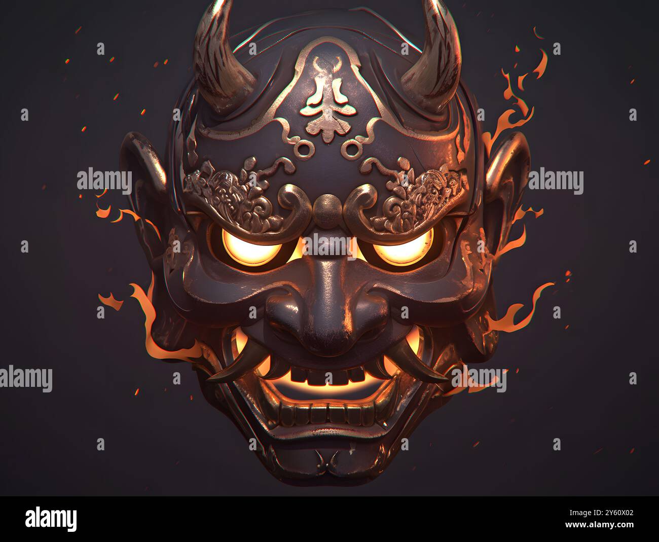 This striking 3D illustration features an ominous Japanese ghost mask ...