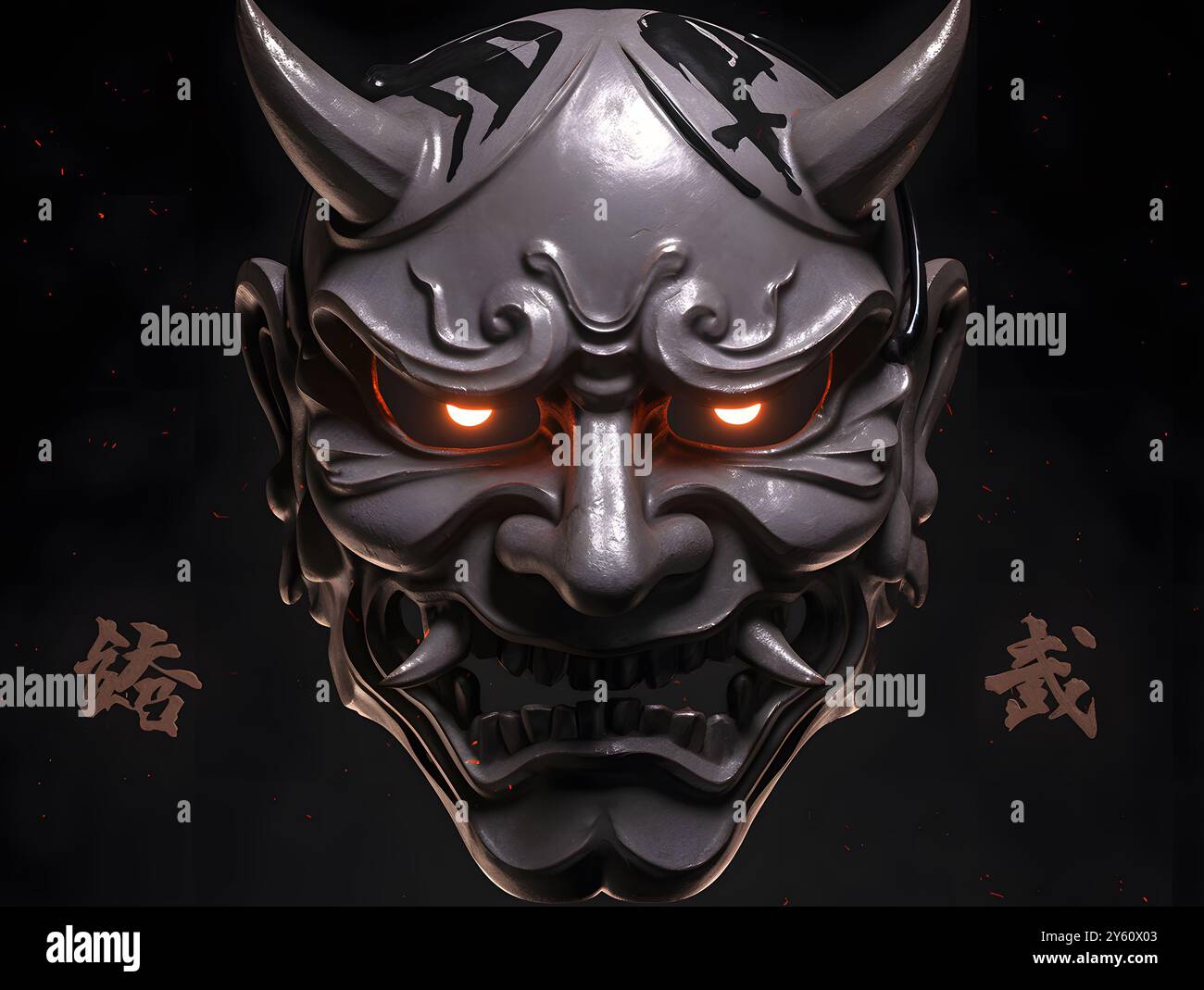Explore a striking 3D representation of a dark Japanese ghost mask ...