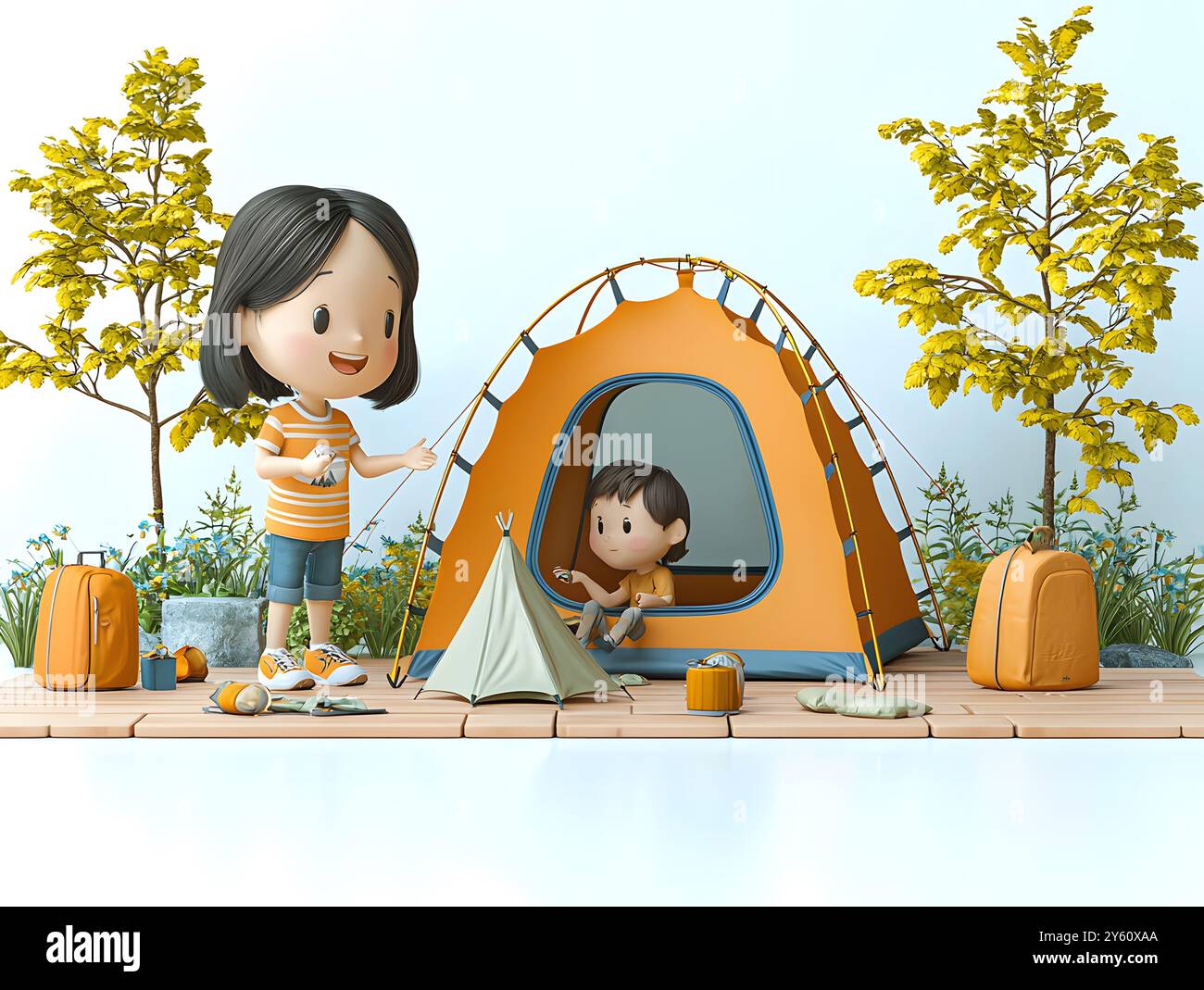 A joyful family scene featuring children setting up a tent in a vibrant ...