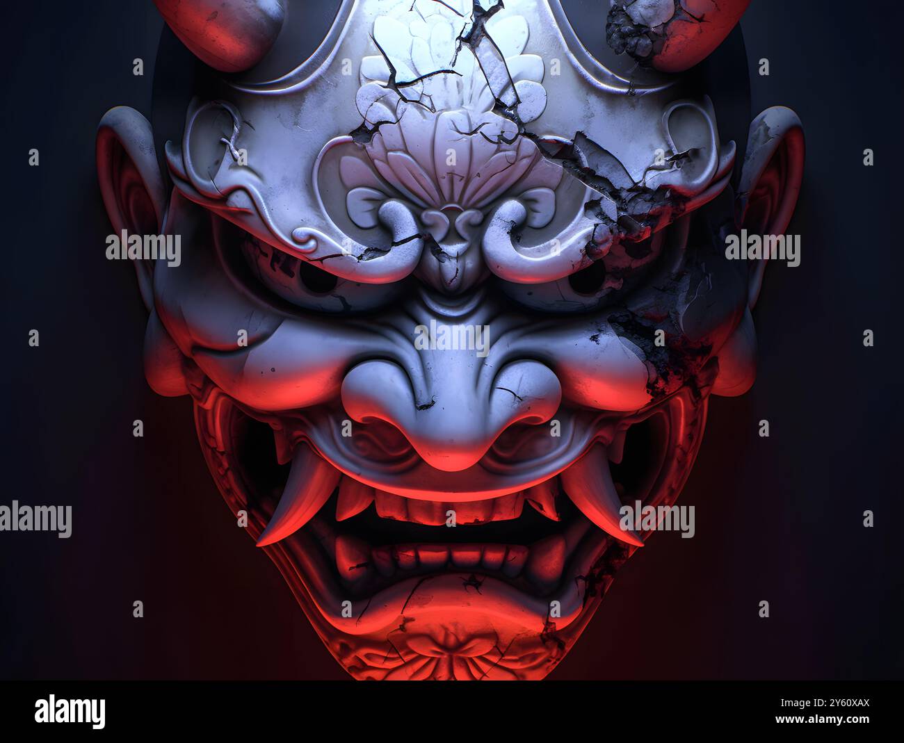 This 3D artwork features a cracked Japanese ghost mask, exuding a ...