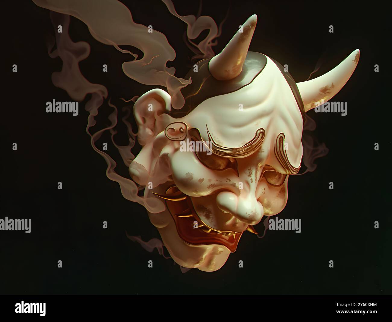 This high-detail 3D rendering features a floating Japanese ghost mask ...