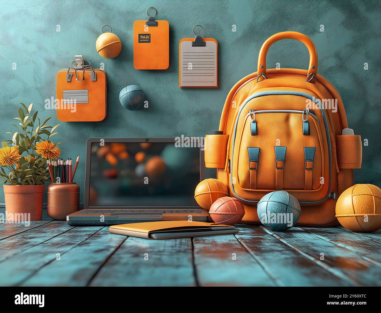 A vibrant 3D illustration showcasing a backpack, laptop, and various ...
