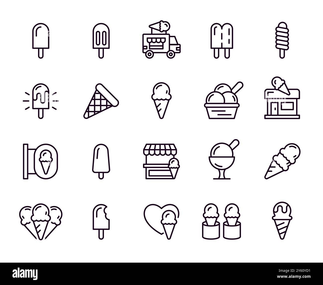 Ice cream icons. Sundae scoop. Waffle cone and sorbet line pictogram ...