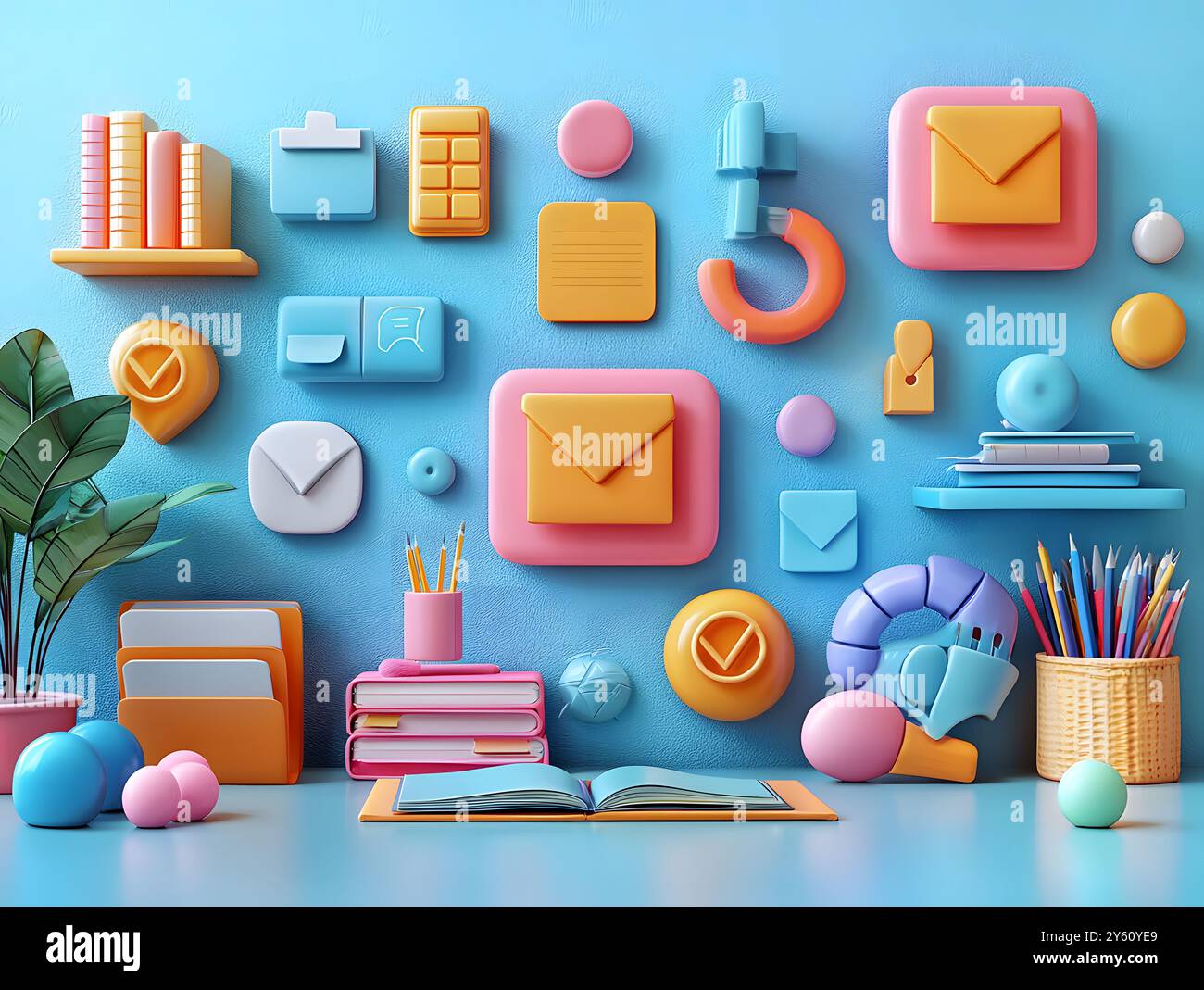 This vibrant 3D illustration showcases a playful virtual classroom ...