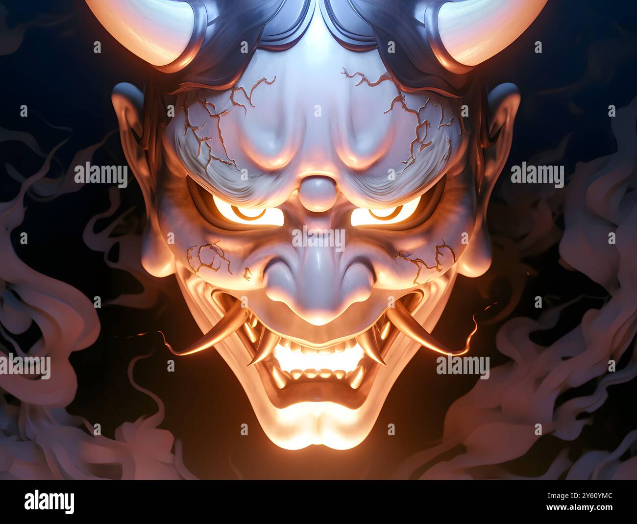 This striking 3D artwork features a Japanese ghost mask with ...