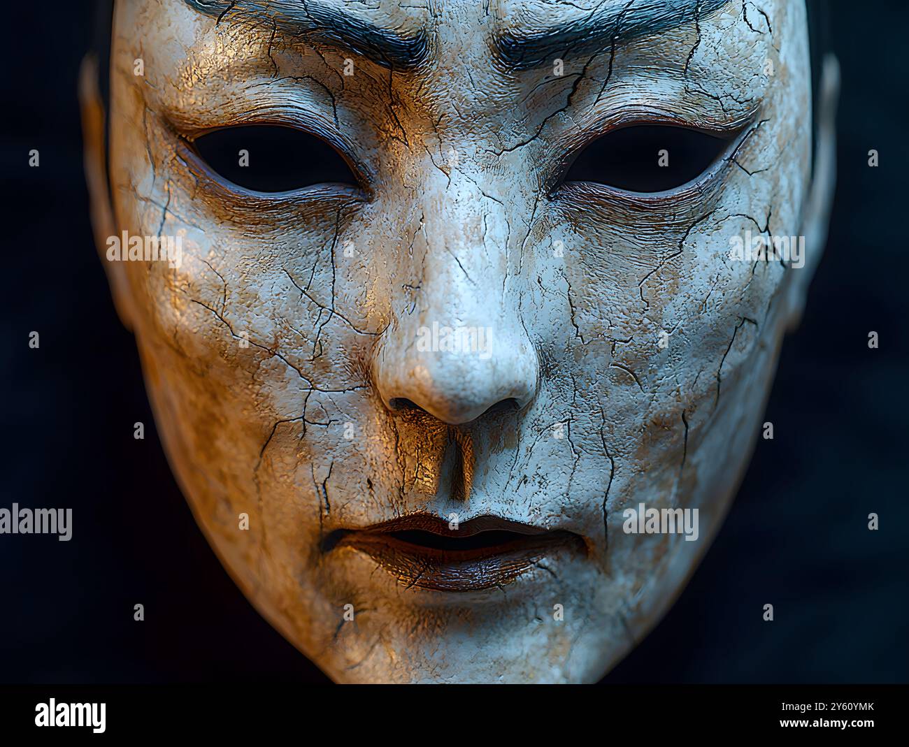 This artwork features an exaggerated Japanese ghost mask depicted in 3D ...