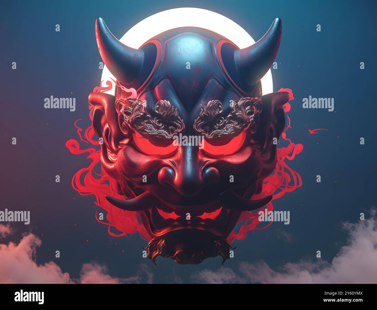 This striking 3D illustration features a Japanese ghost mask surrounded ...