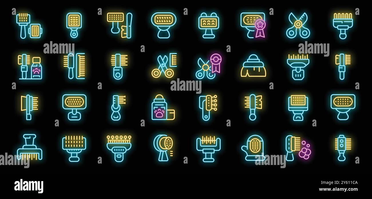 Set of colorful neon icons representing various dog grooming tools and services, perfect for pet ...