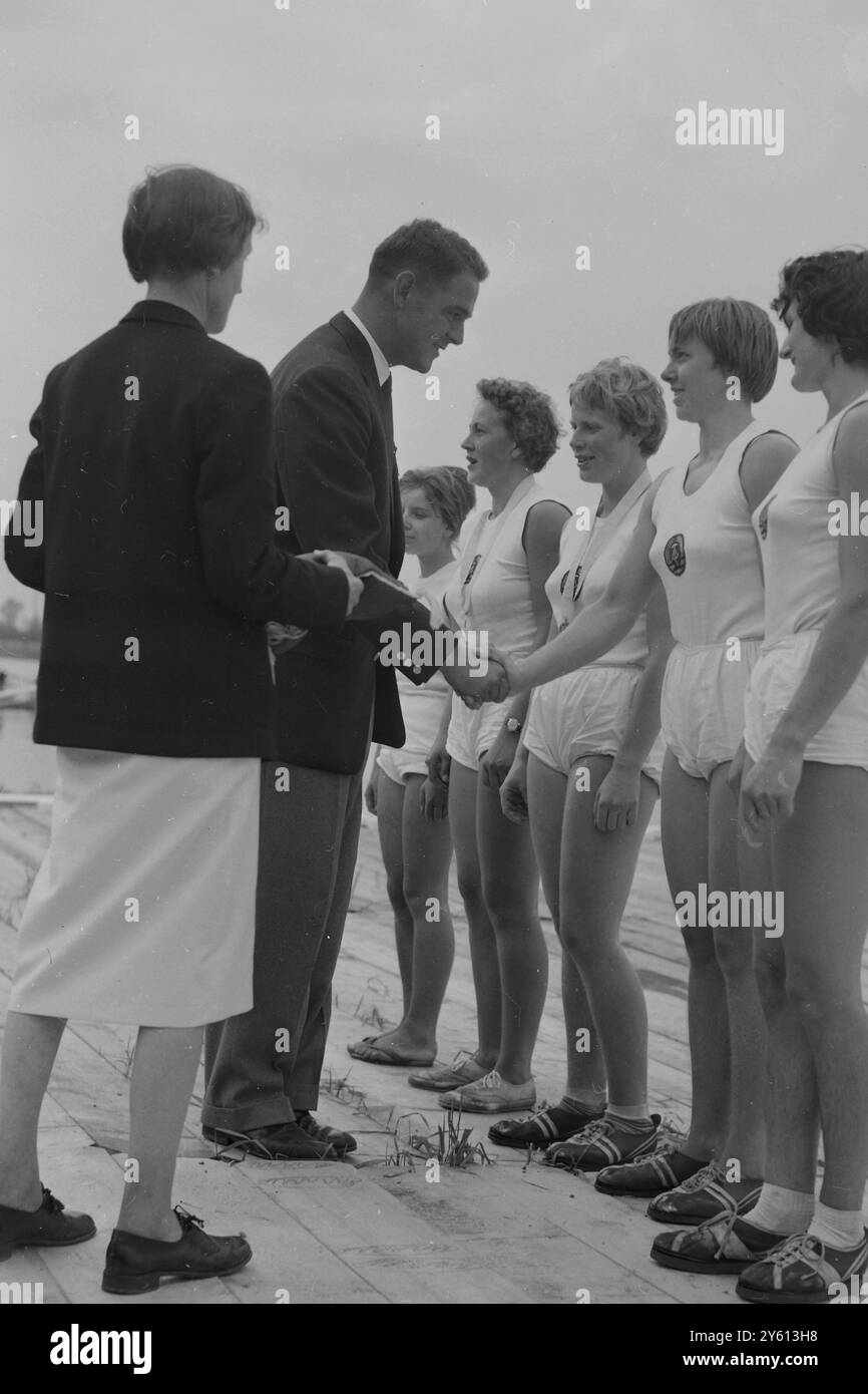 KELLER M THOMA CONGRATULATES GERMAN ROWERS / 14 AUGUST 1960 Stock Photo ...