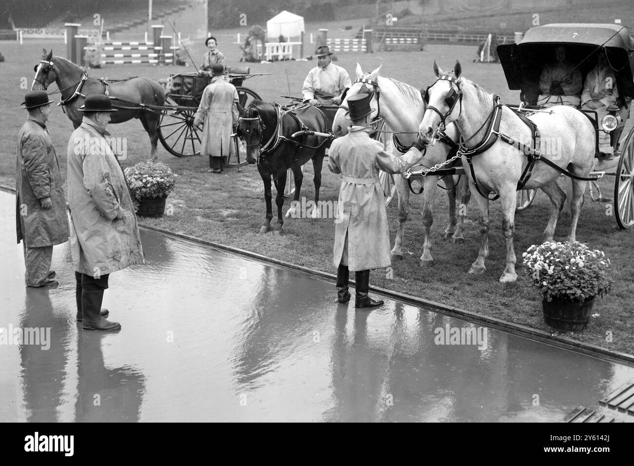 HORSE SHOWS BRIGHTON JUDGES WATER-LOGGED ARENA RAIN 12 AUGUST 1960 ...