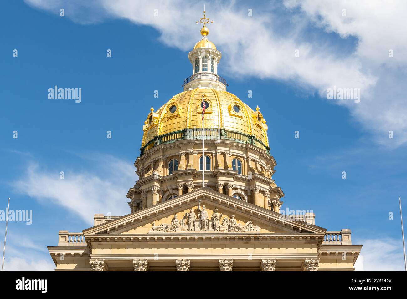 The Iowa state Capitol building on a hot late summer day with blue ...
