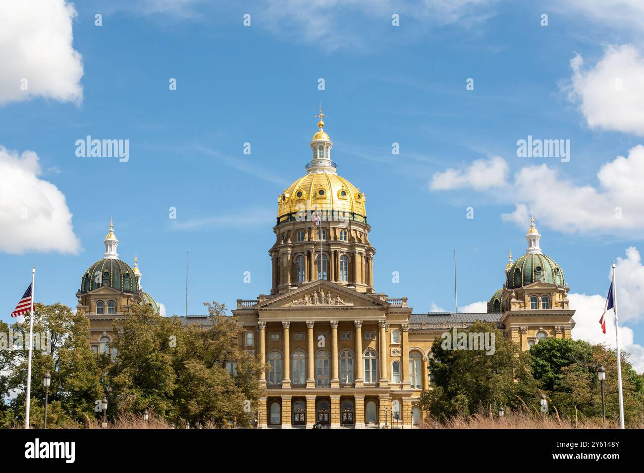 The Iowa state Capitol building on a hot late summer day with blue ...