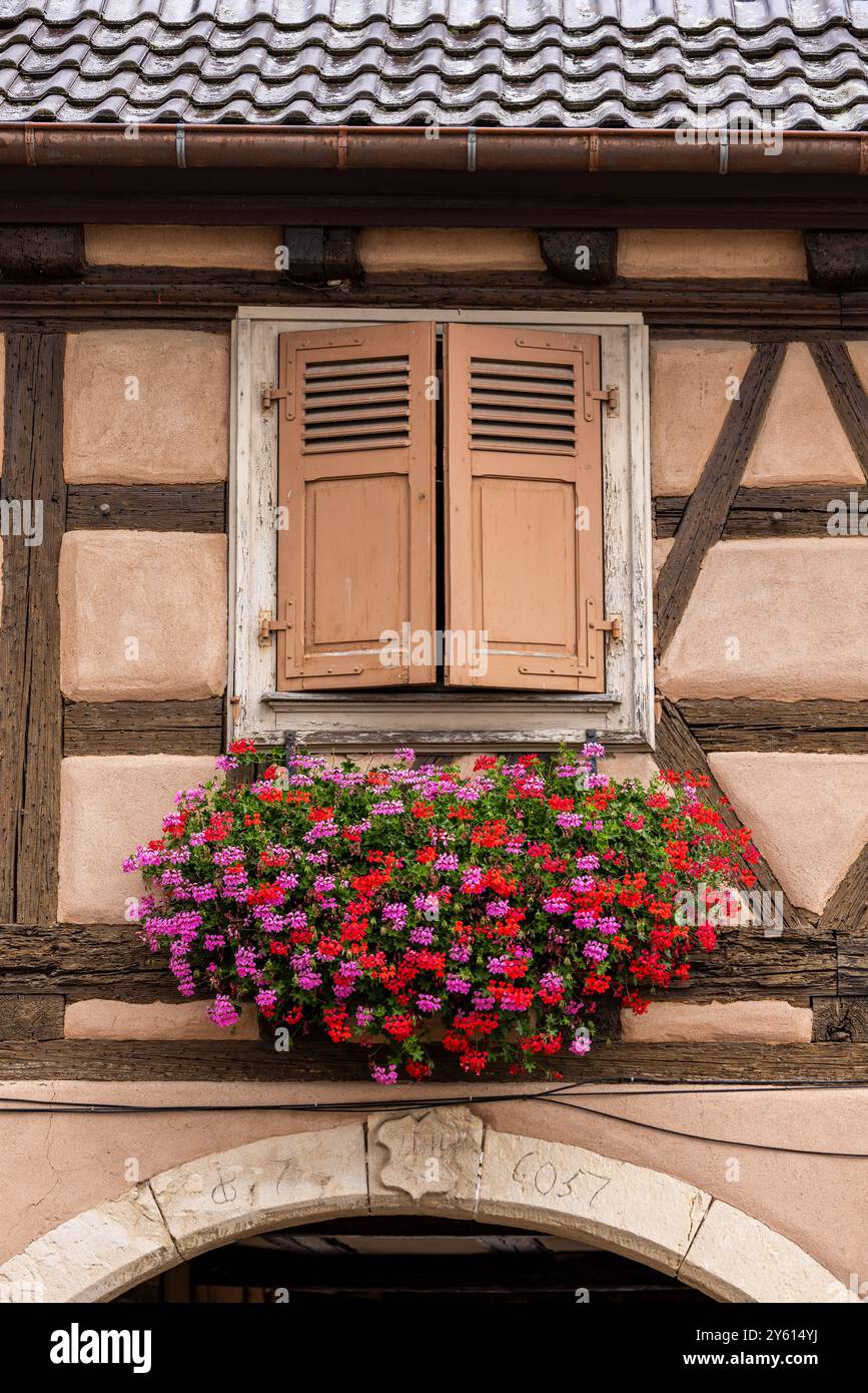 Floral decorated facade of half-timbered house in the medieval old town ...