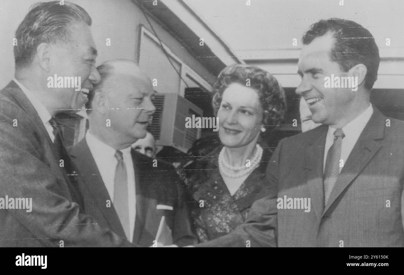 AMERICAN VICE PRESIDENT RICHARD NIXON WITH WIFE AND SENATOR HIRAM FONG ...