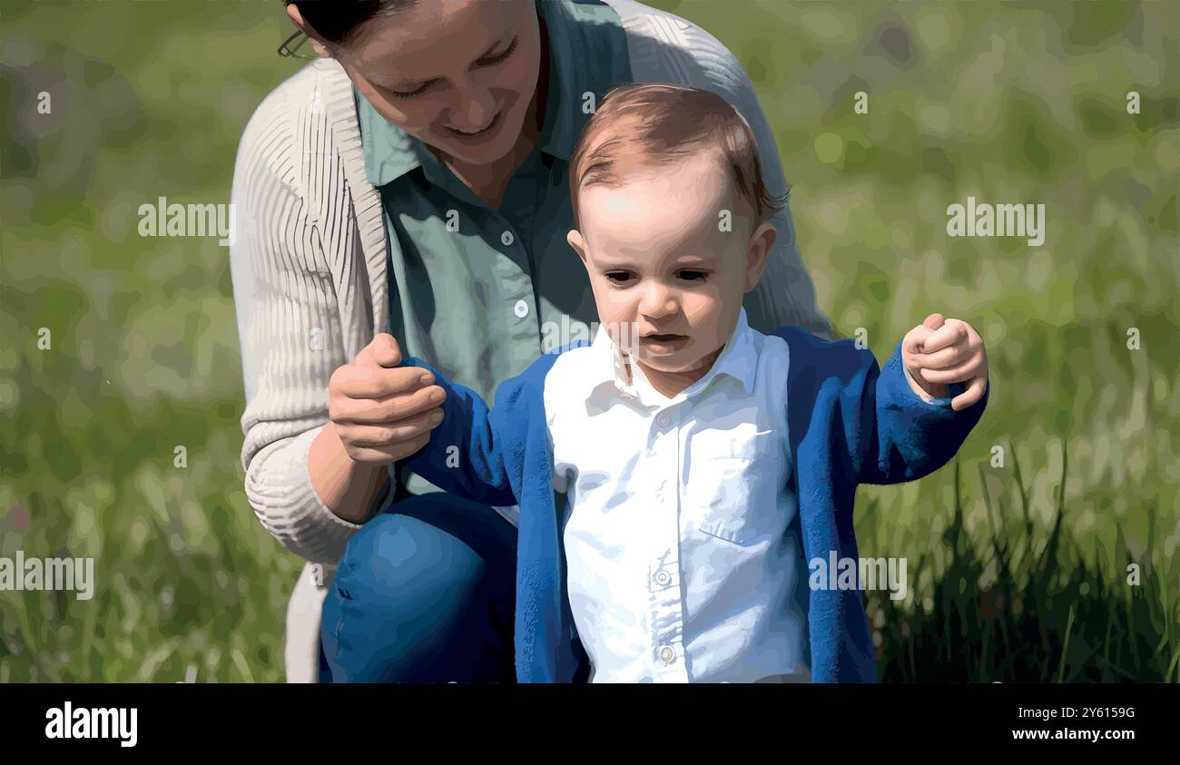 A mother kneels on a grassy field, gently encouraging her toddler’s ...