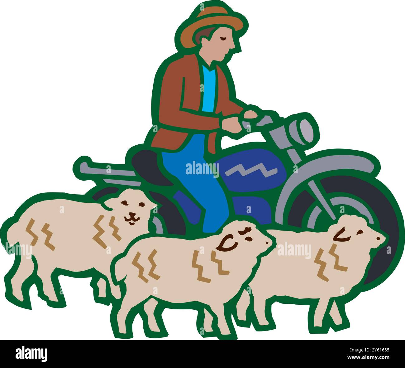 Farmer riding a motorcycle next to sheep on the farm vector design ...