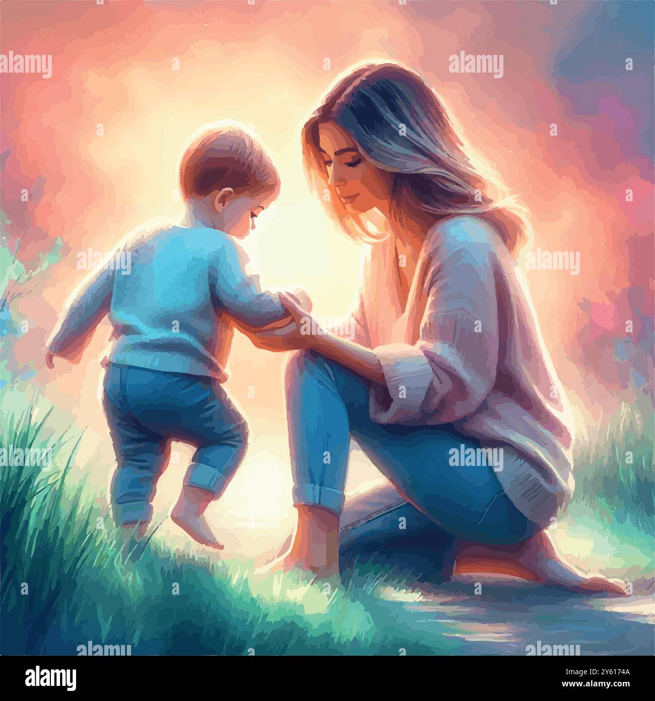 A mother kneels on a grassy field, gently encouraging her toddler’s ...