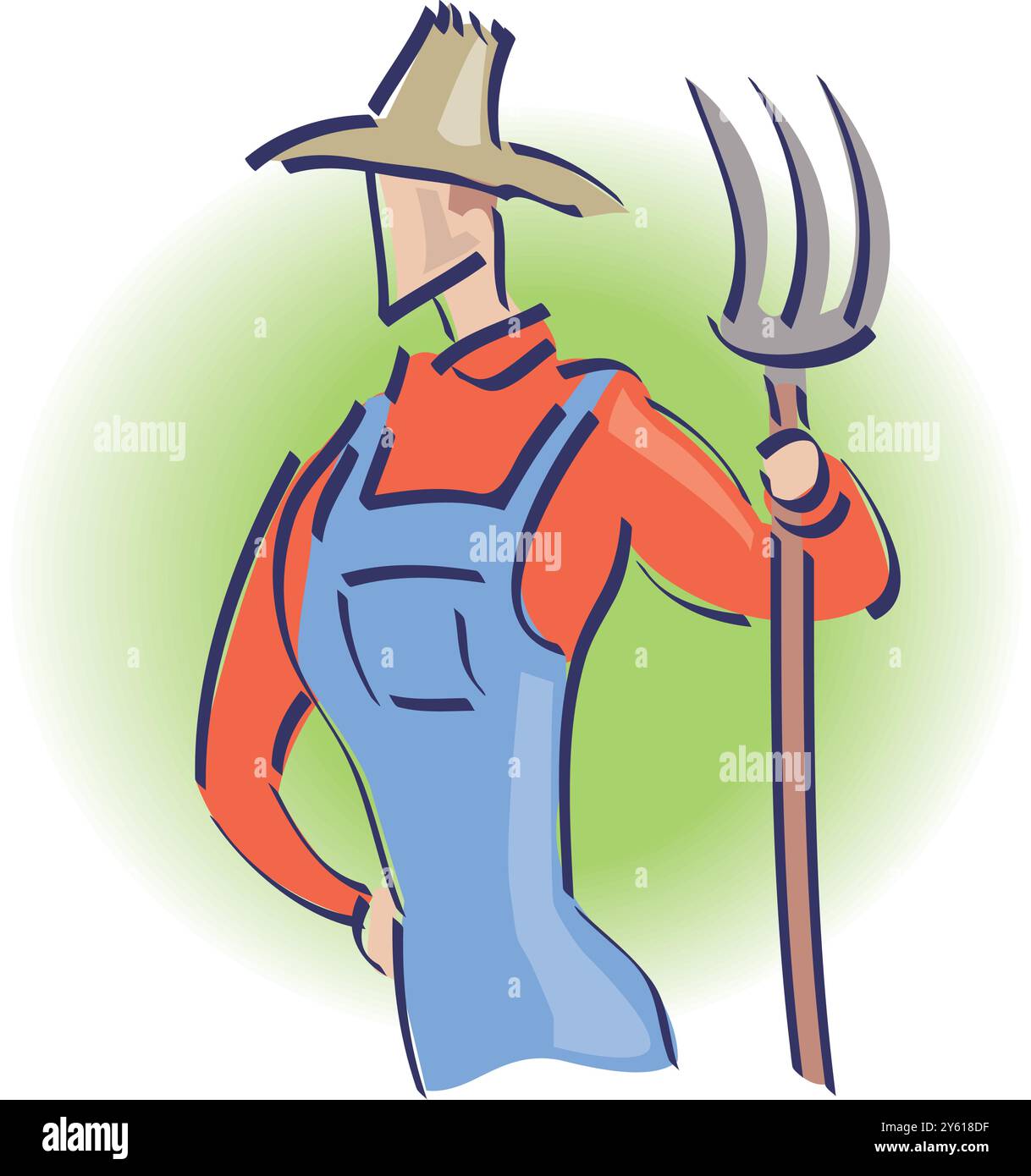 Isometric cartoon character of farmer holding a farm fork on the farm ...