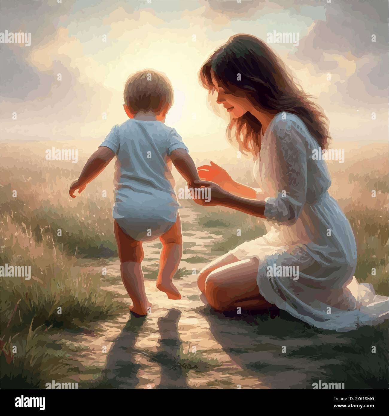 A mother kneels on a grassy field, gently encouraging her toddler’s ...