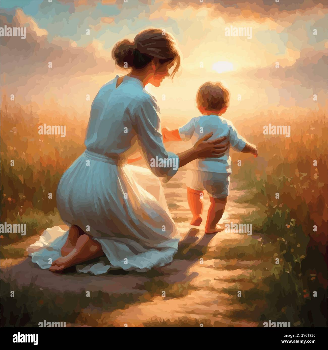 A mother kneels on a grassy field, gently encouraging her toddler’s ...
