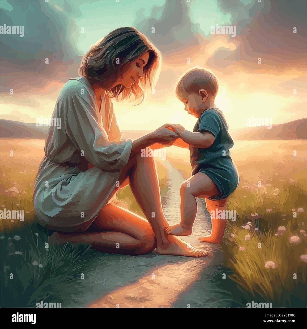 A mother kneels on a grassy field, gently encouraging her toddler’s ...
