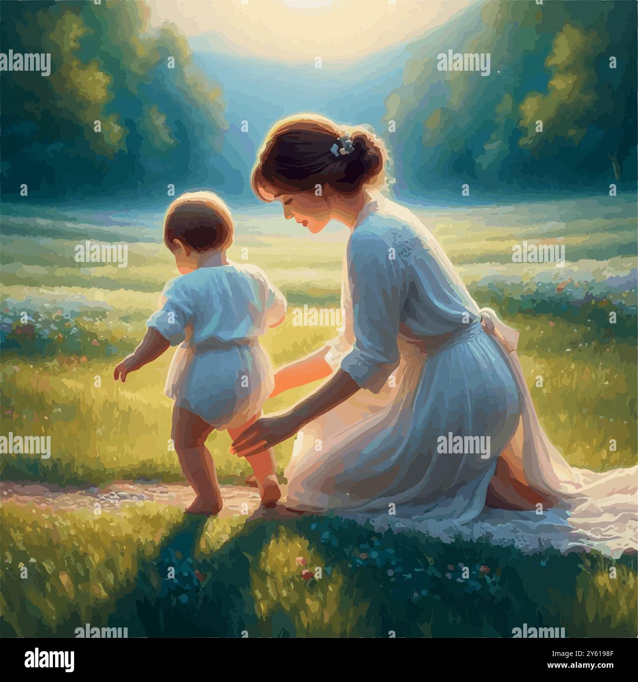 A mother kneels on a grassy field, gently encouraging her toddler’s ...