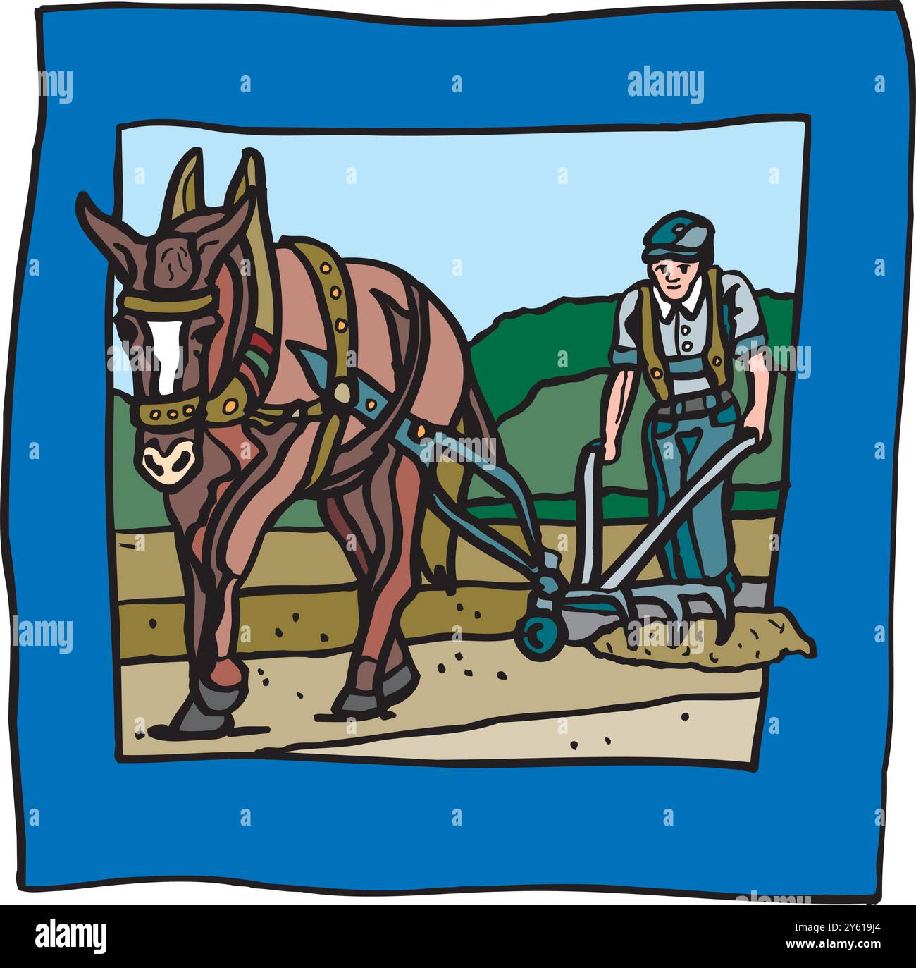 abstract farmer plowing field with a horse Vector illustration isolated ...