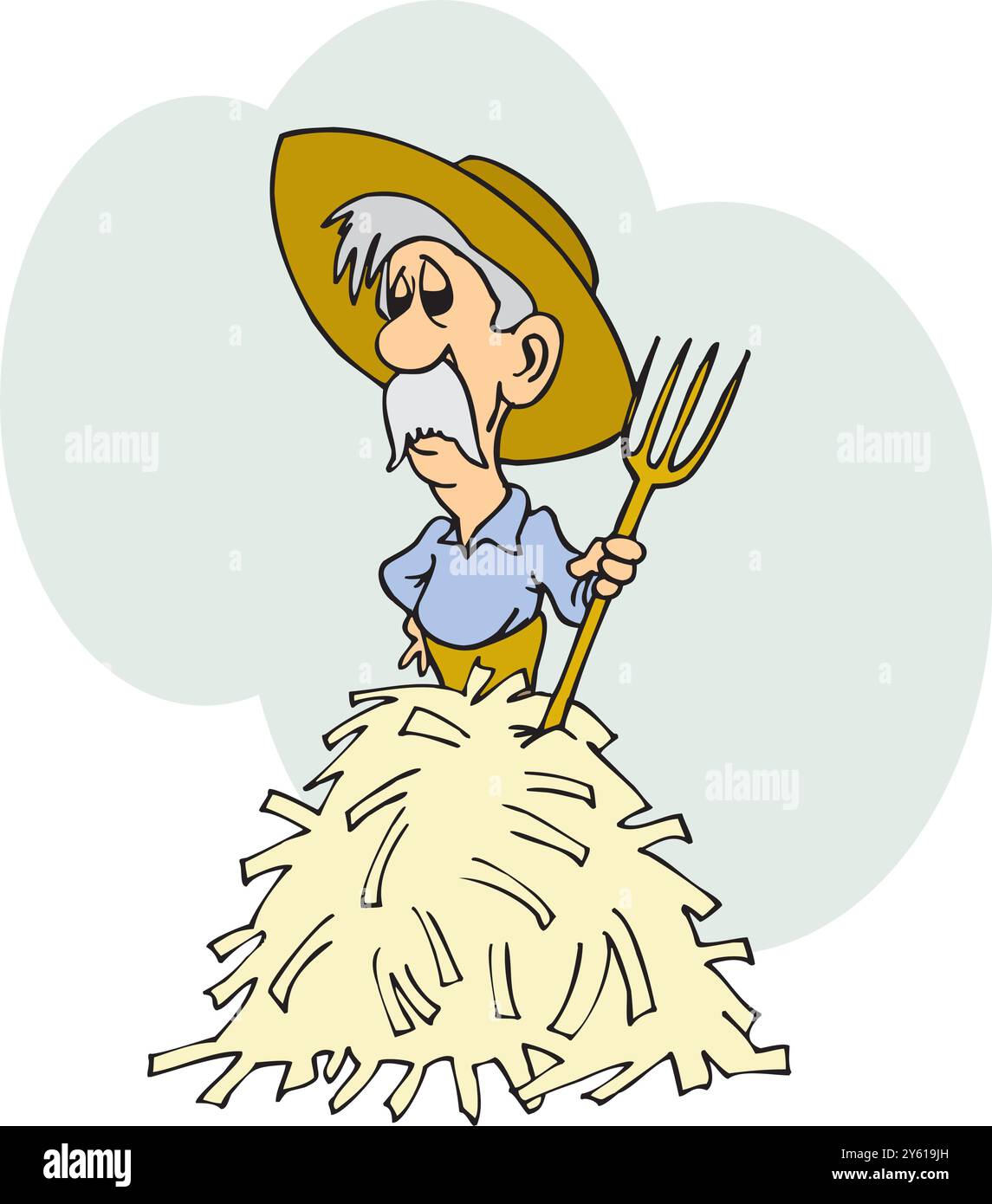 Isometric cartoon character of farmer holding a farm fork on the farm ...