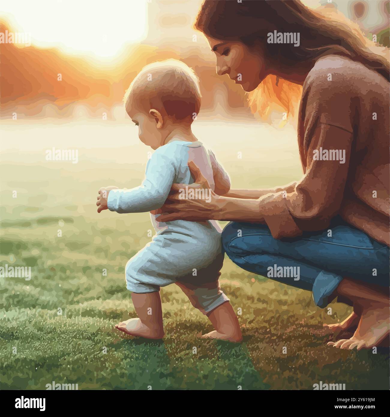 A mother kneels on a grassy field, gently encouraging her toddler’s ...