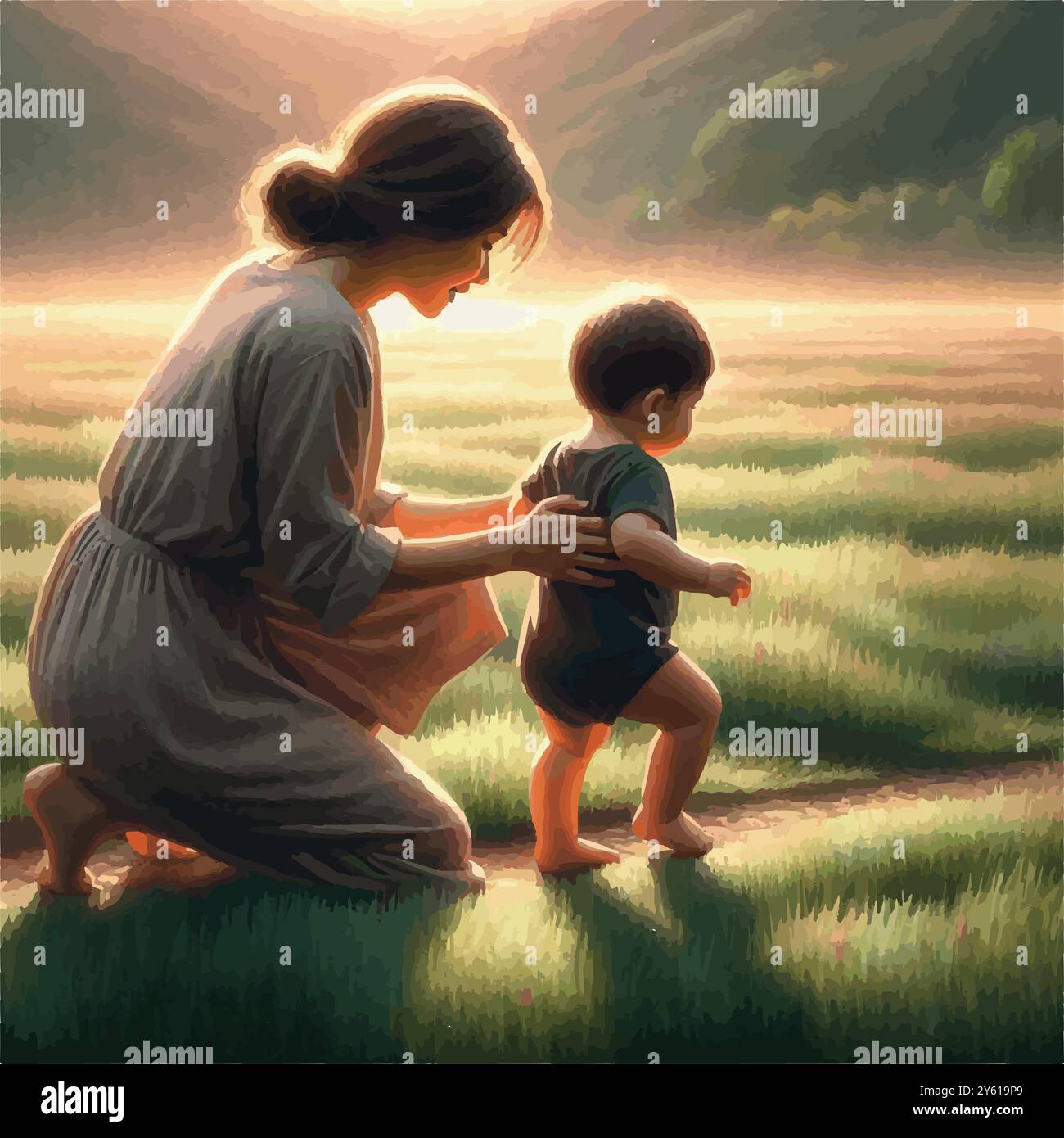 A mother kneels on a grassy field, gently encouraging her toddler’s ...