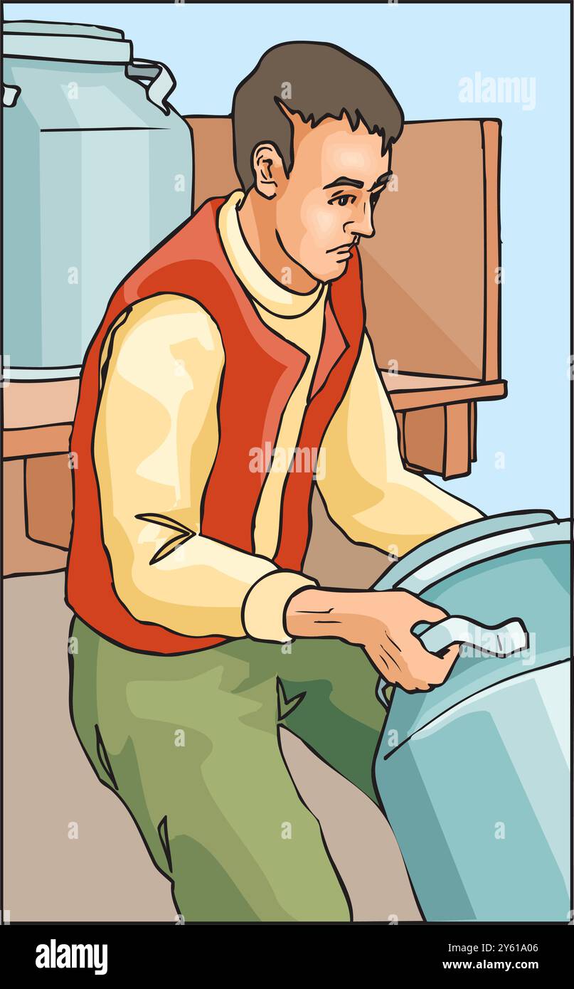 A Vector Cartoon of farmer holding can of fresh milk vector design ...