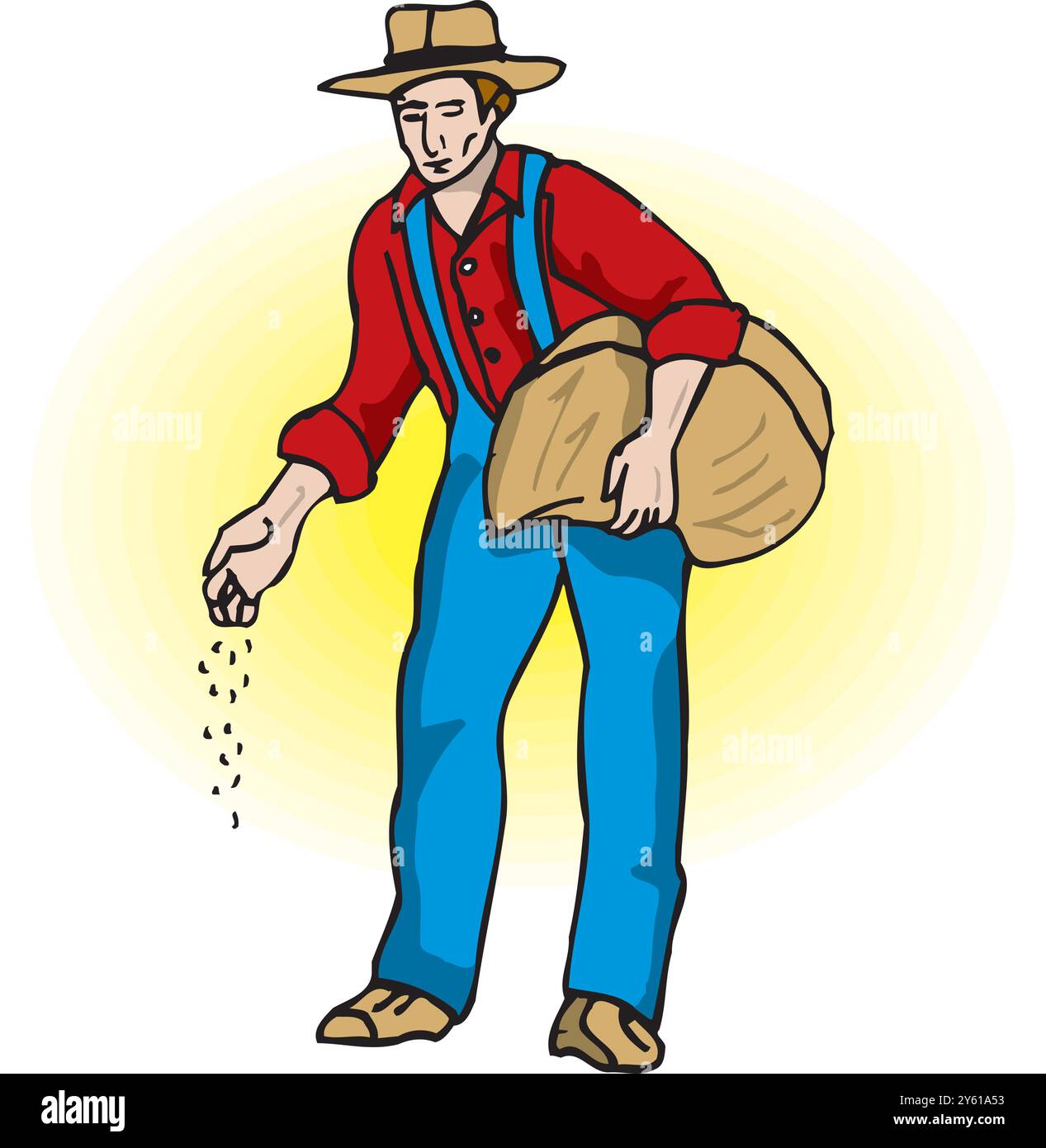Farmer sowing wheat grains in a wheat field. Farming and agriculture ...