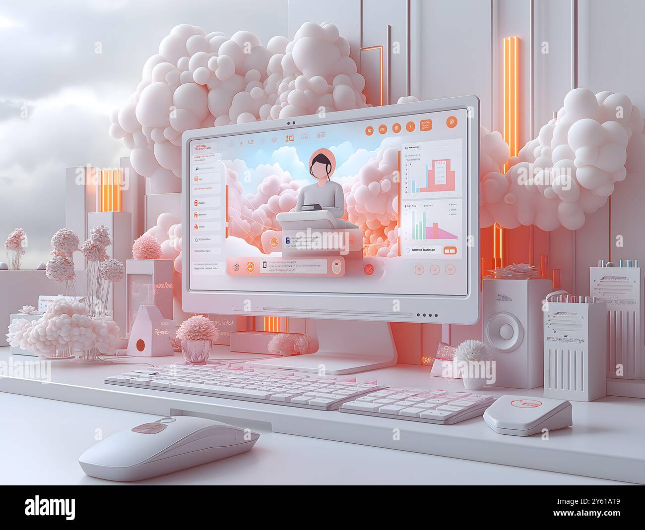 A vibrant 3D render of a modern virtual classroom setup with a teacher ...