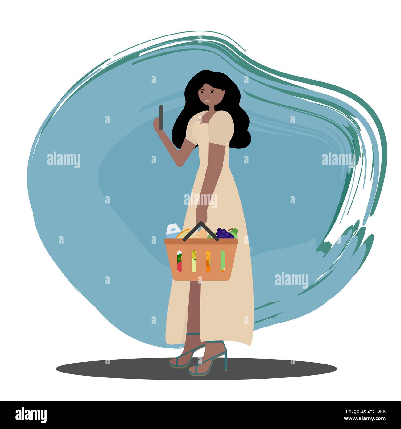 Dark-skinned girl standing sideways in light dress, holding orange ...