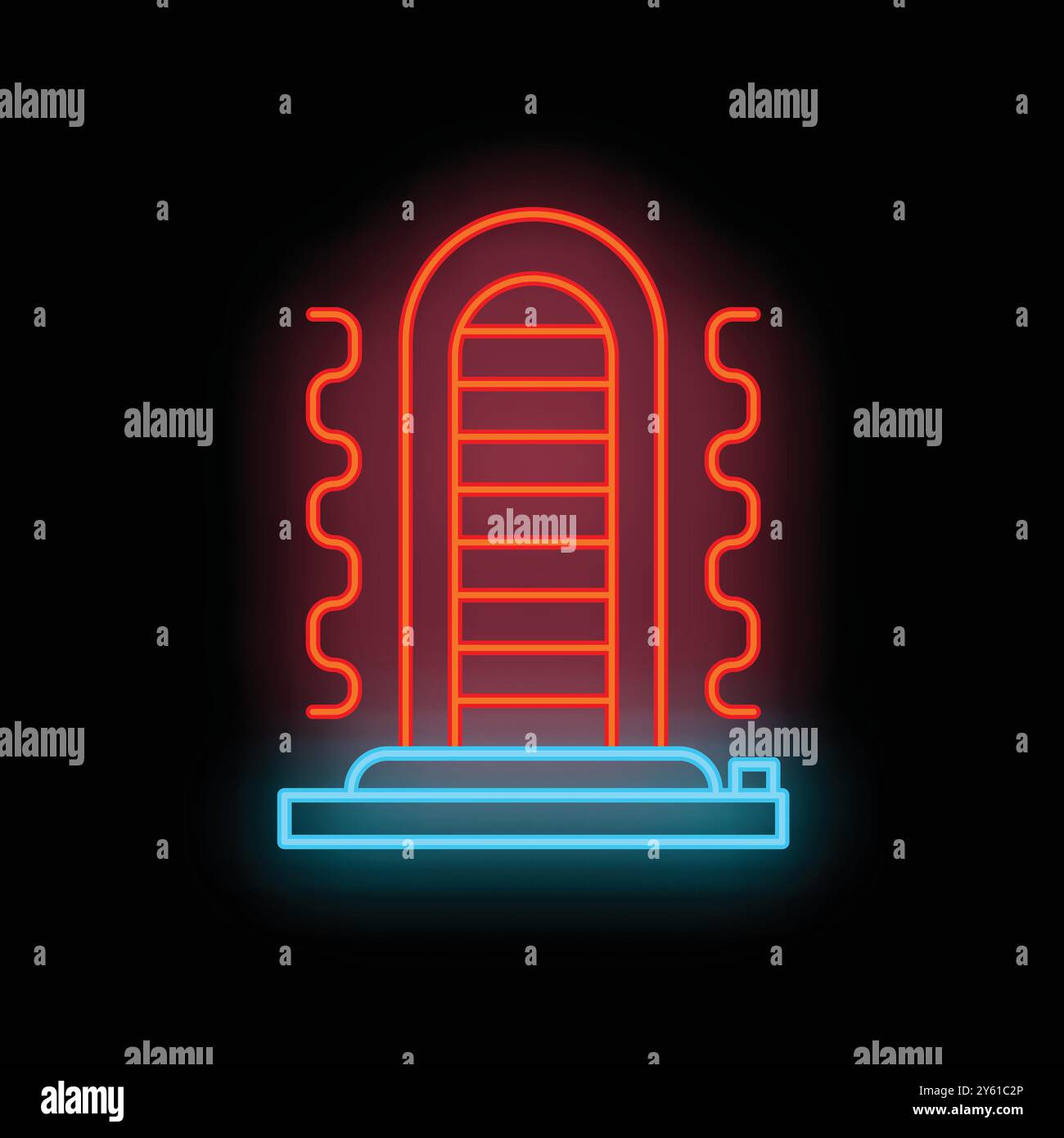 Red hot neon sign depicting a retro vibrating belt machine on a ...