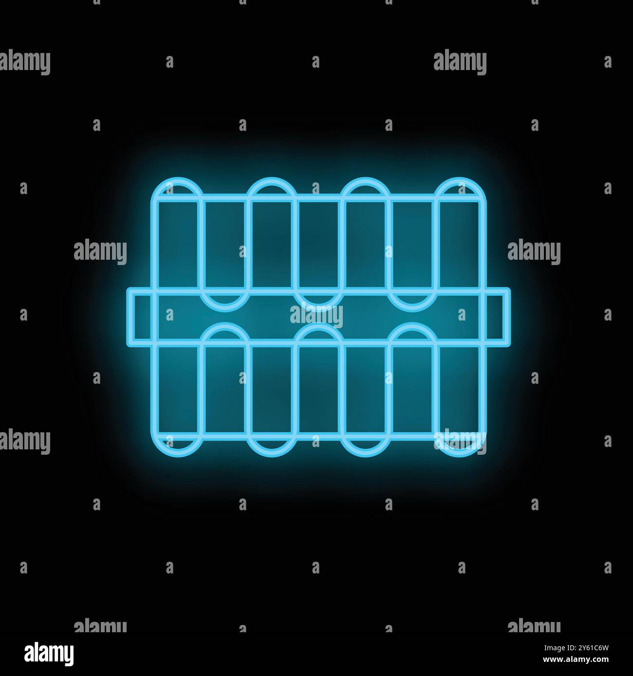 Blue neon radiator icon glowing on black background, heating system ...
