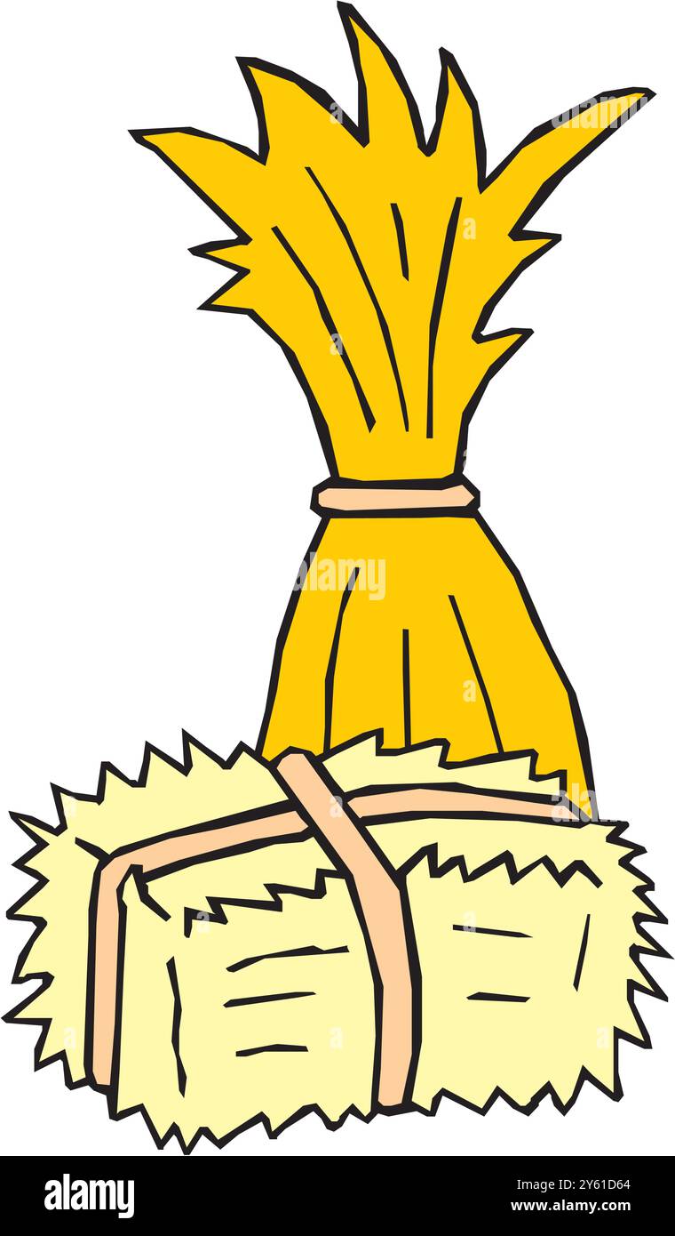 corn haystack in rectangular bundle with ropes, countryside farm ...