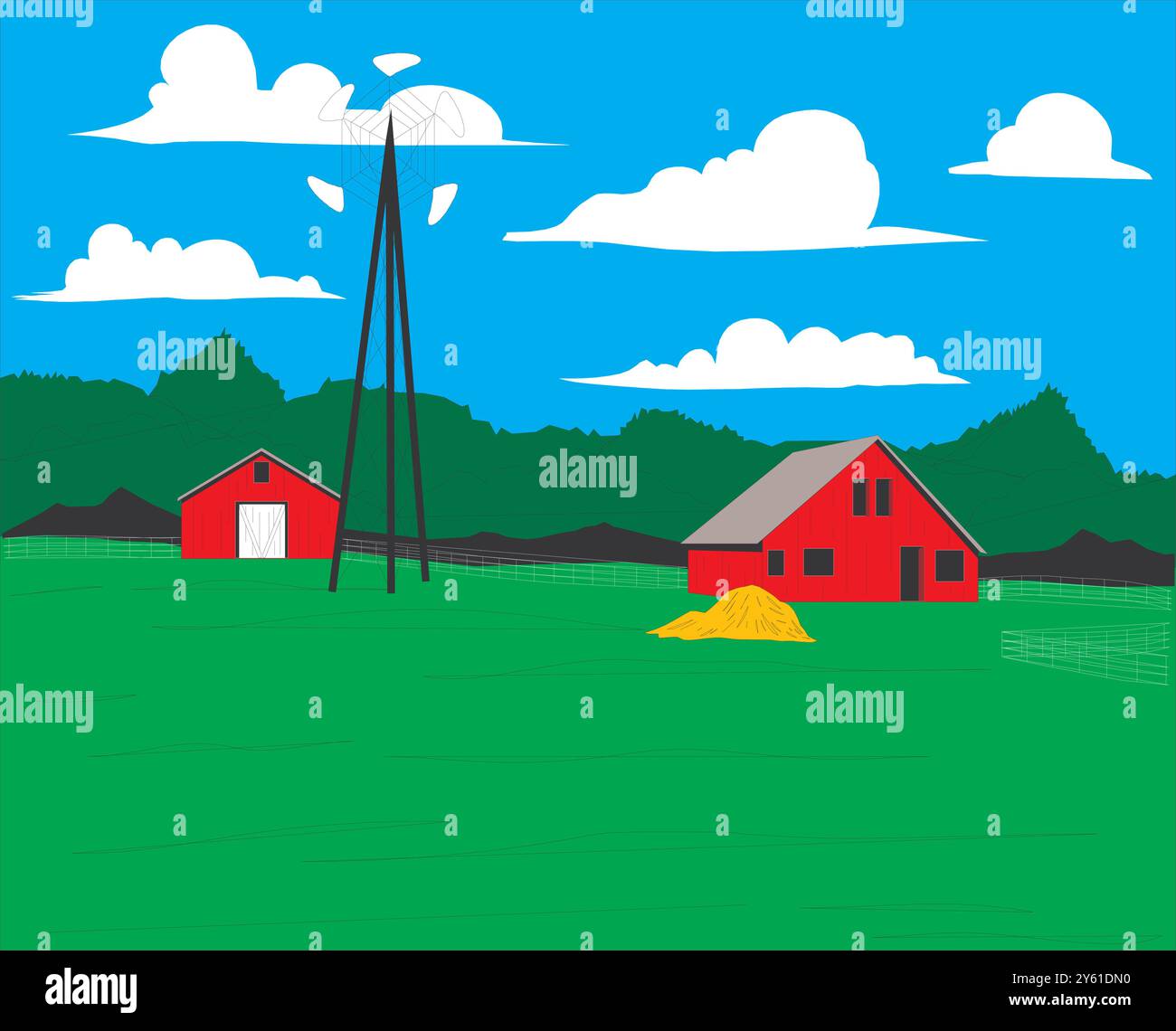 Cartoon illustration of a farm landscape with buildings and flock Stock ...