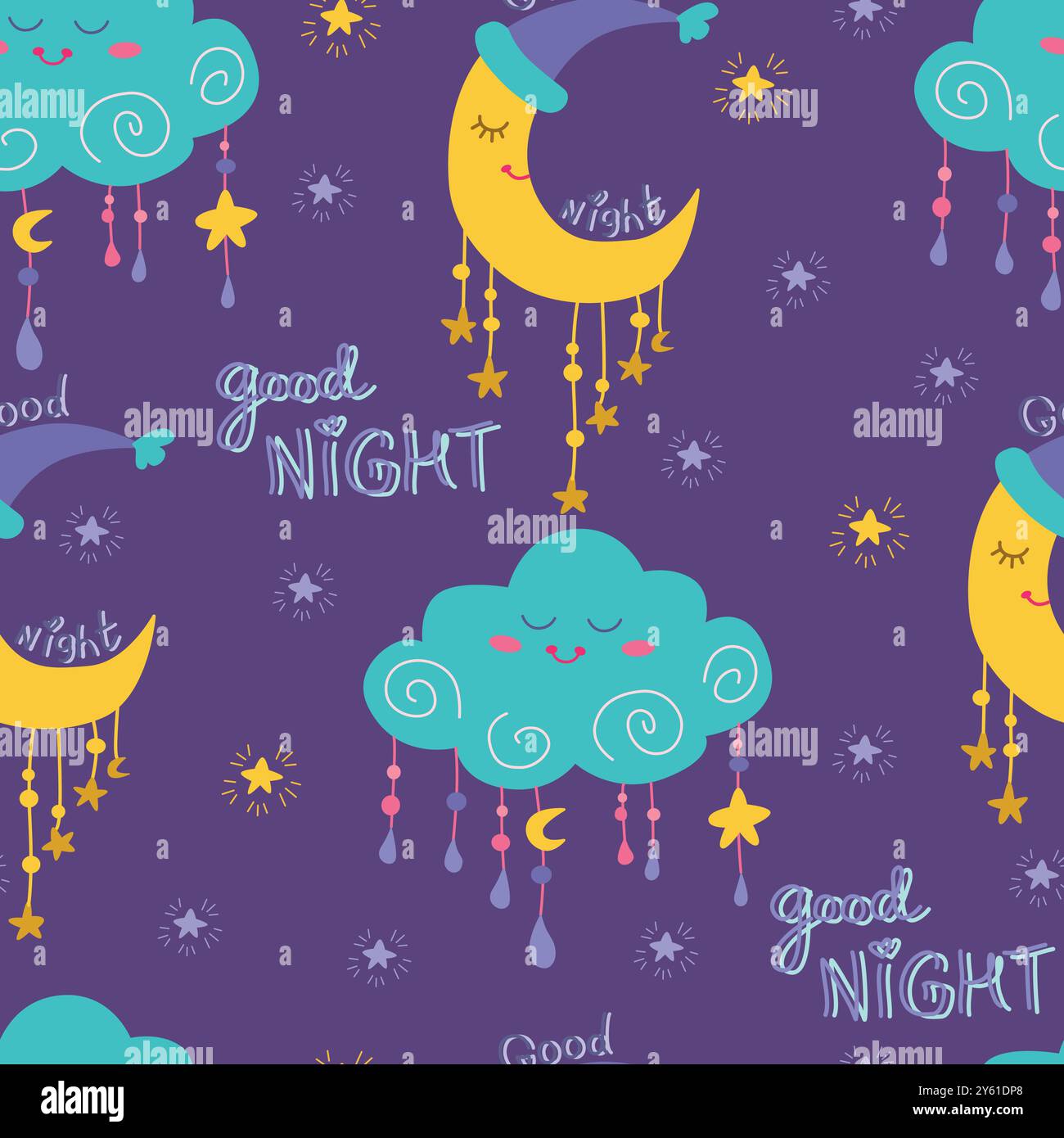 Good night seamless pattern. Cute clouds and moon on a night sky ...
