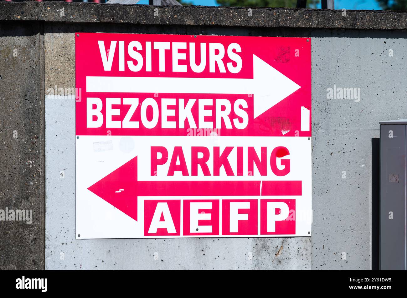 Liege, Belgium, AUG 10, 2024 - Direction sign for visitors and parking ...