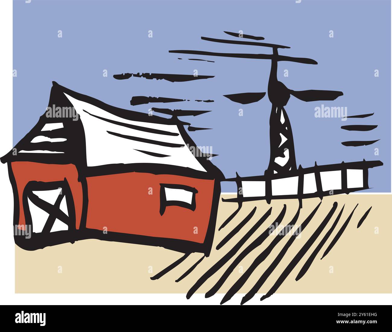 Farm barn cowshed building exterior with tractor and windmill flat ...